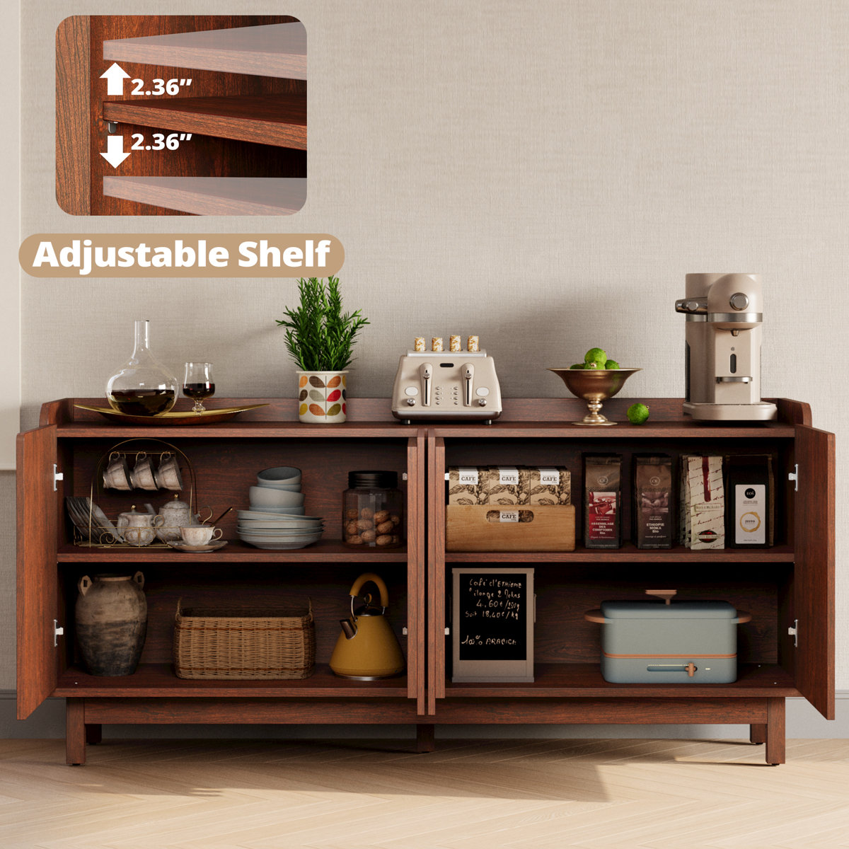 Ebern Designs Storage Cabinet, 63" Large Buffet Cabinet With Shelves And Grille Doors, Mid ...